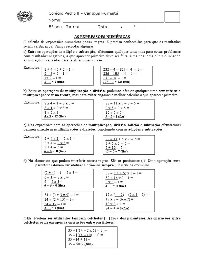 Expressões Numéricas 6 Ano | PDF | Ensino de Matemática | Science