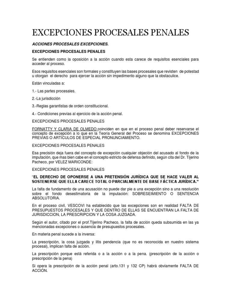 Excepciones Procesales Penales | Descargar gratis PDF | Ley procesal ...