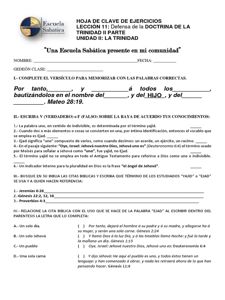 Hoja de Ejercicios Leccion 11 | PDF | Trinidad | Jehová