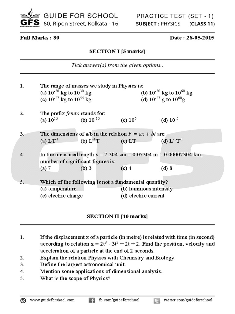 Class 11 Physics Practice Paper | PDF | Kilogram | Physics