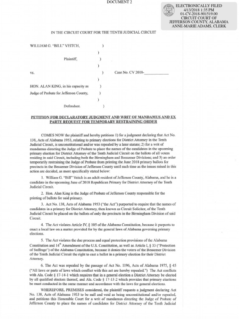 Bill Veitch Court Filing Summary | PDF