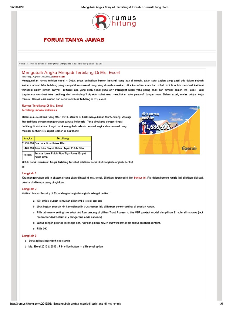 Rumus Terbilang Angka di Excel | PDF