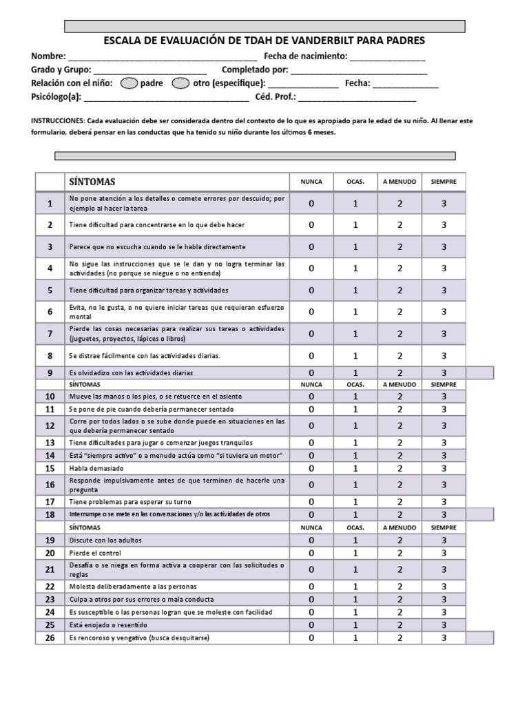 Escala Vanderbilt para Padres TDAH | PDF | Desorden hiperactivo y ...