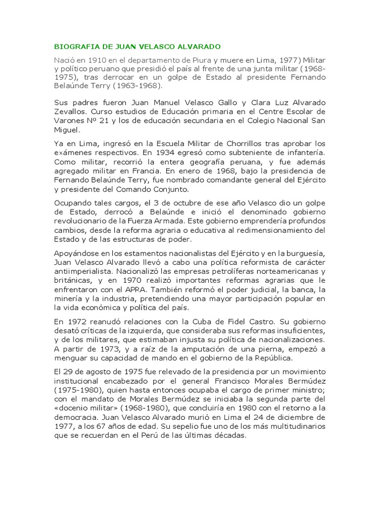 Biografía de Juan Velasco Alvarado | PDF | Gobierno | Agitación