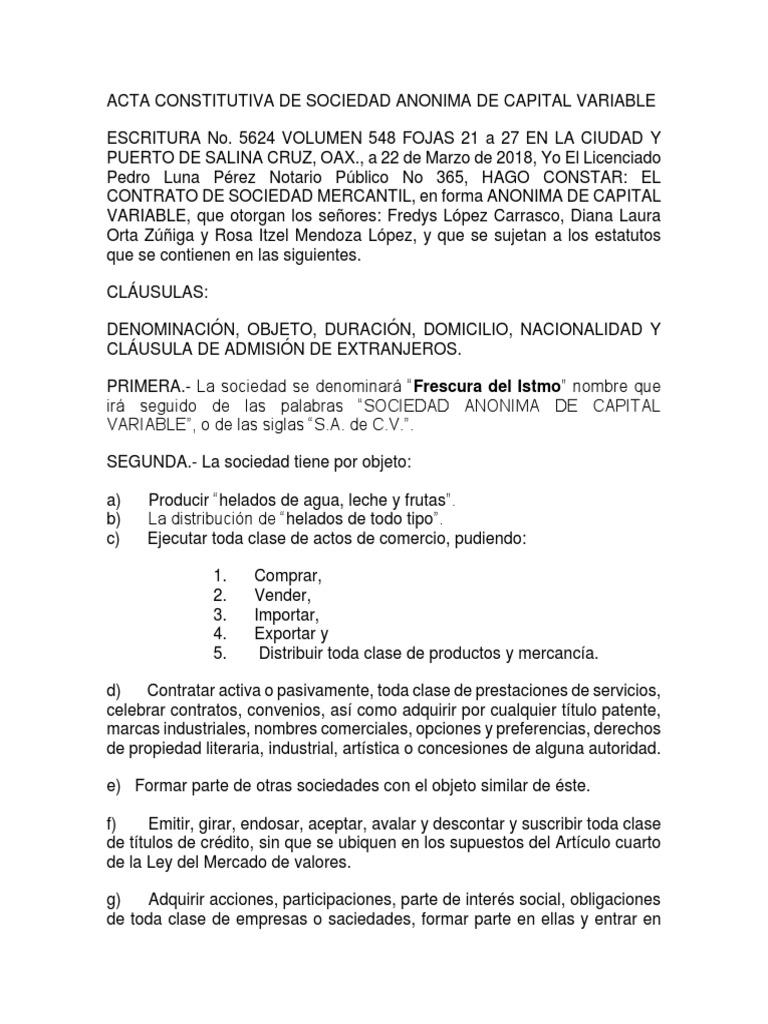 Acta Constitutiva de Sociedad Anonima de Capital Variable | PDF | Sociedad de responsabilidad ...