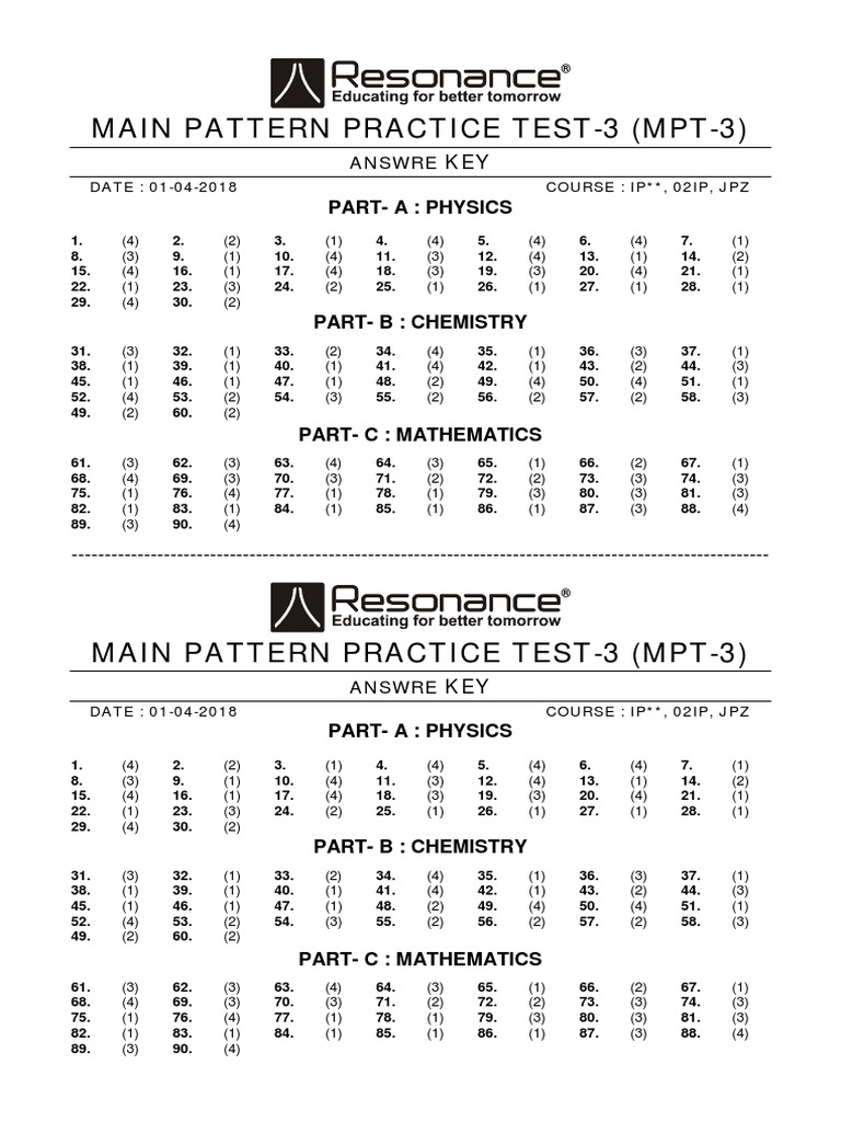 Main Pattern Practice Test-3 (Mpt-3) : KEY Part-A: Physics | PDF ...