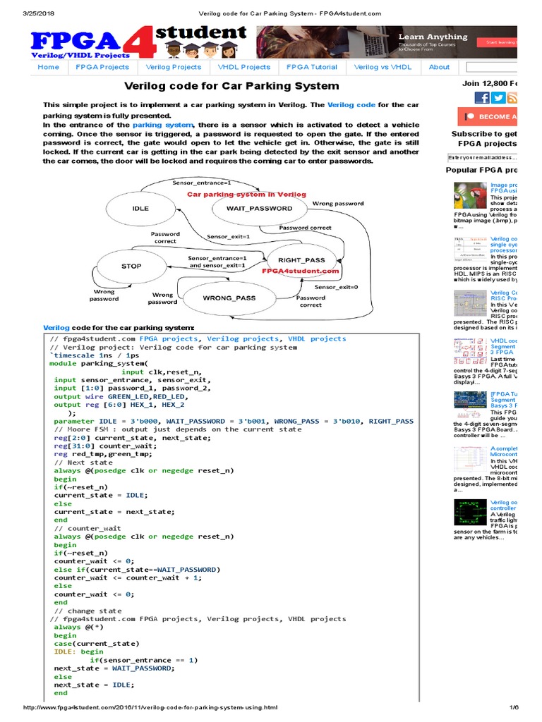 Verilog Code For Car Parking System - FPGA4student | PDF | Field ...