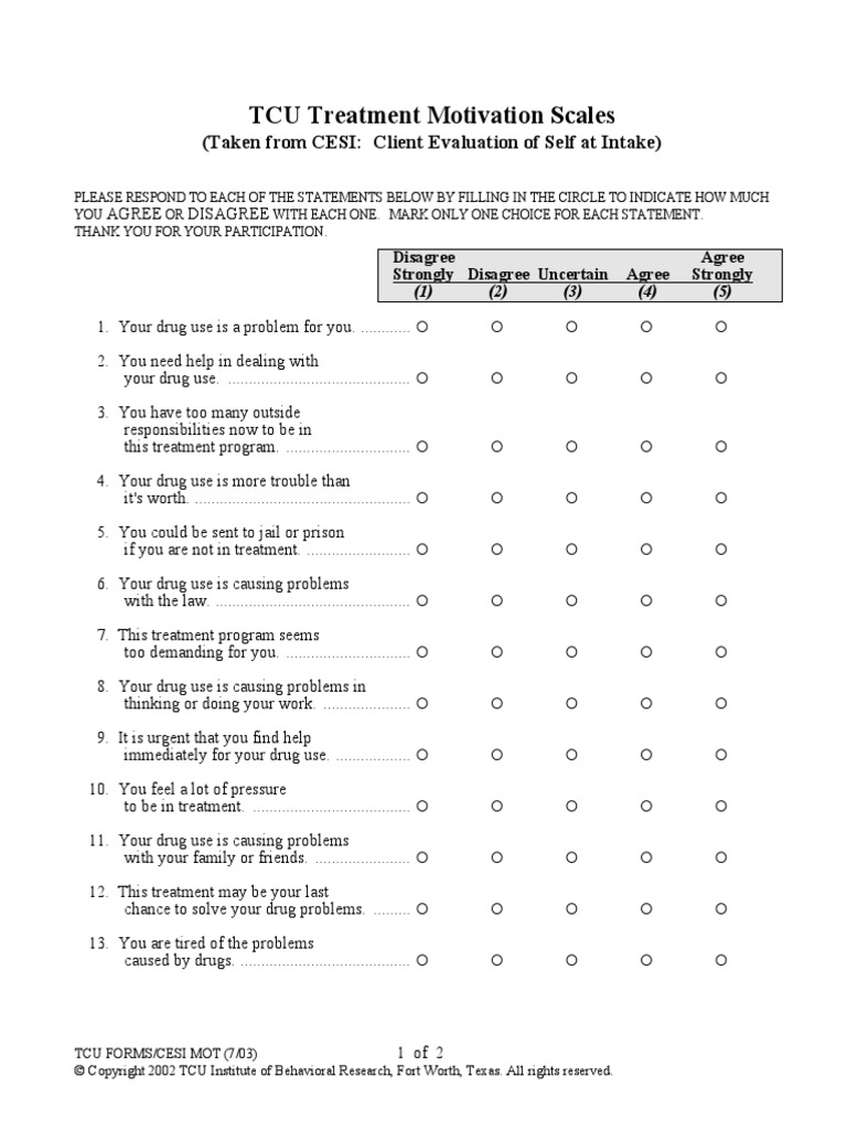 TCU Treatment Motivation Scales: (Taken From CESI: Client Evaluation of ...