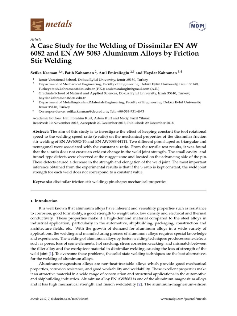 Metals: A Case Study For The Welding of Dissimilar EN AW 6082 and EN AW 5083 Aluminum Alloys by ...