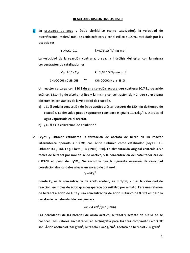 02 Problemas Tema 2 BSTR | PDF | Reactor Quimico | Cinética química