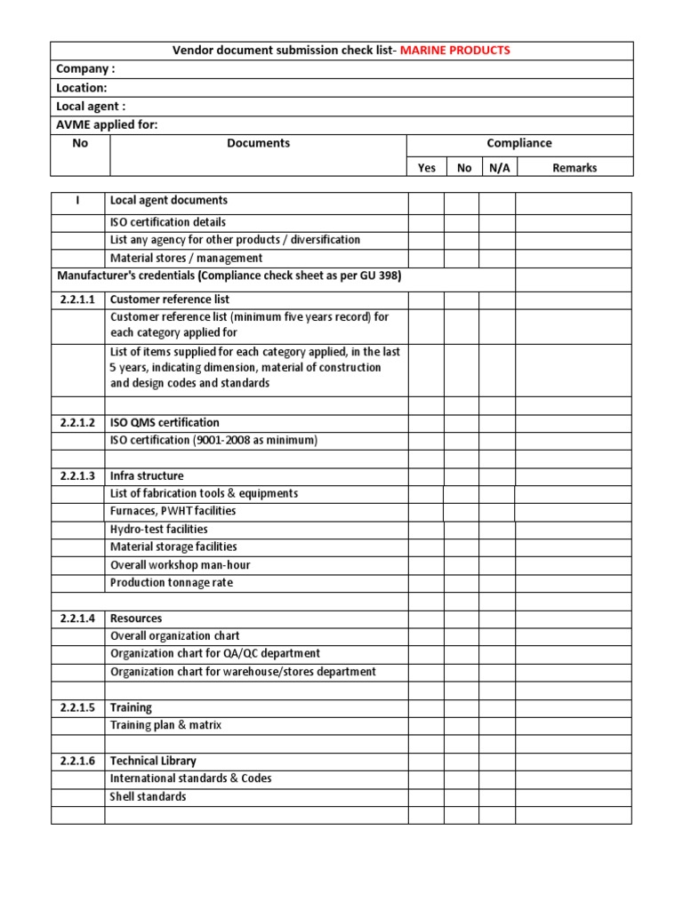 Marine Vendor Document Checklist | PDF
