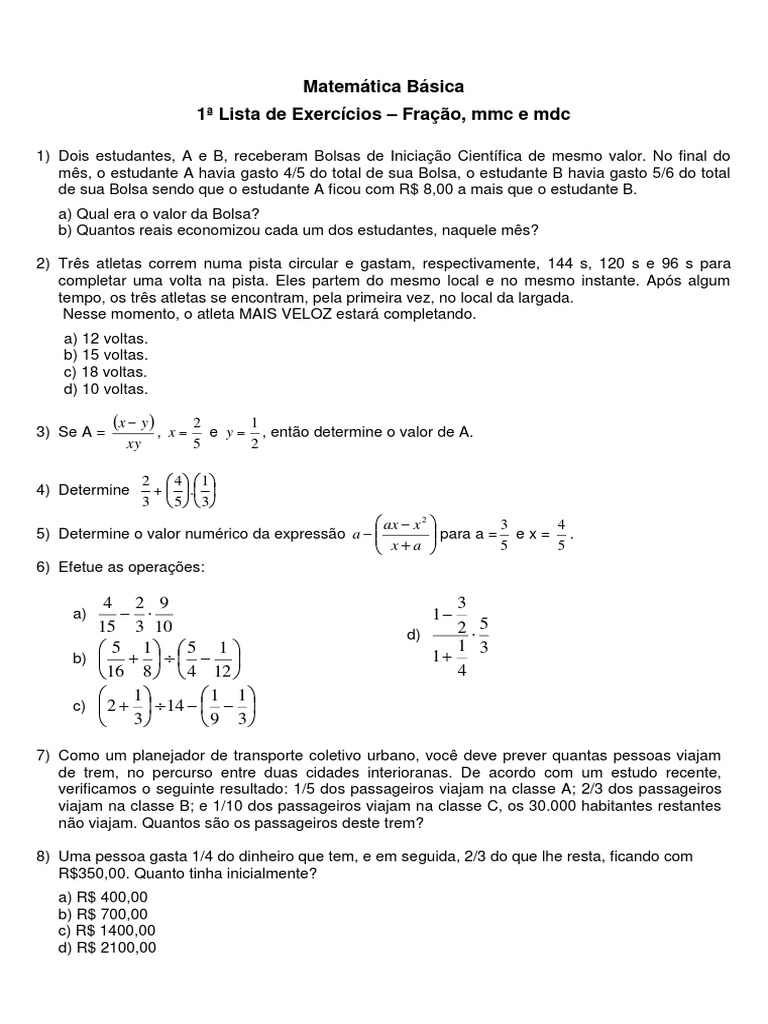 Apostila de Exercícios - Matemática Básica | PDF | Juros | Equações