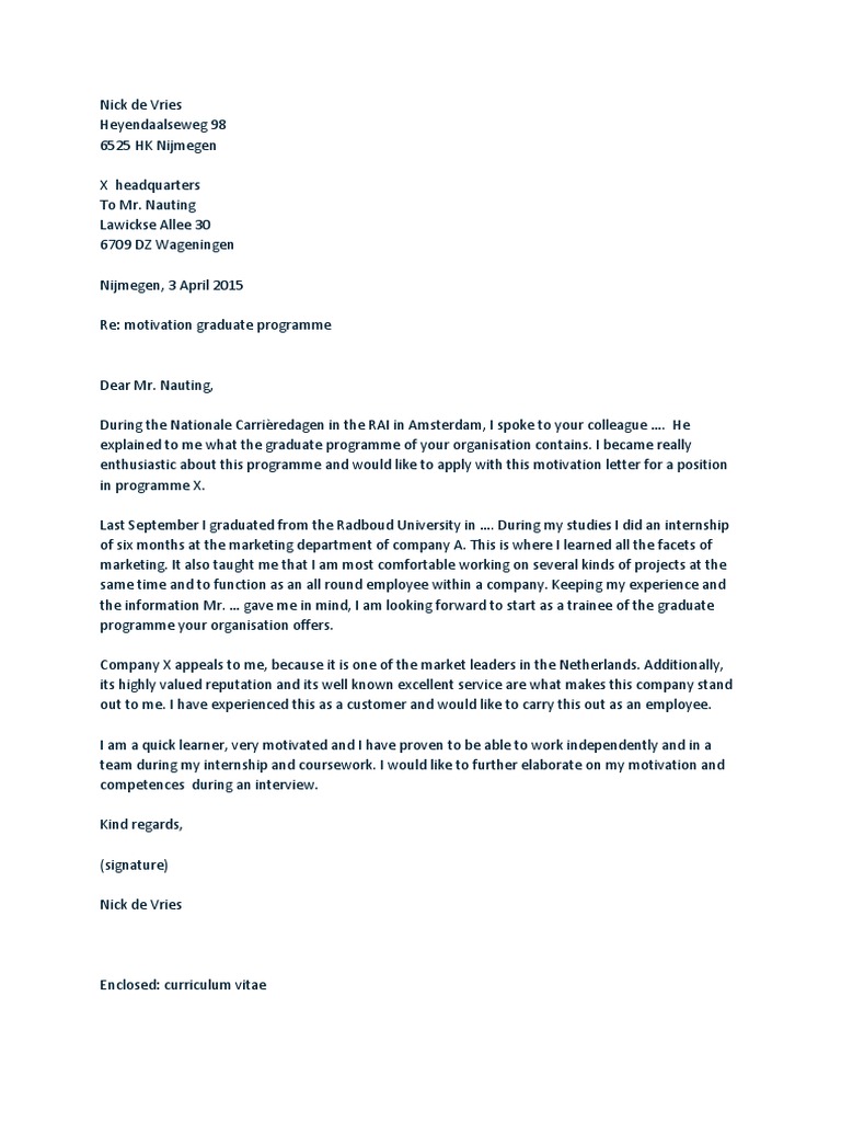 Nick de Vries - Motivation Letter Graduate Programme-1 PDF | PDF