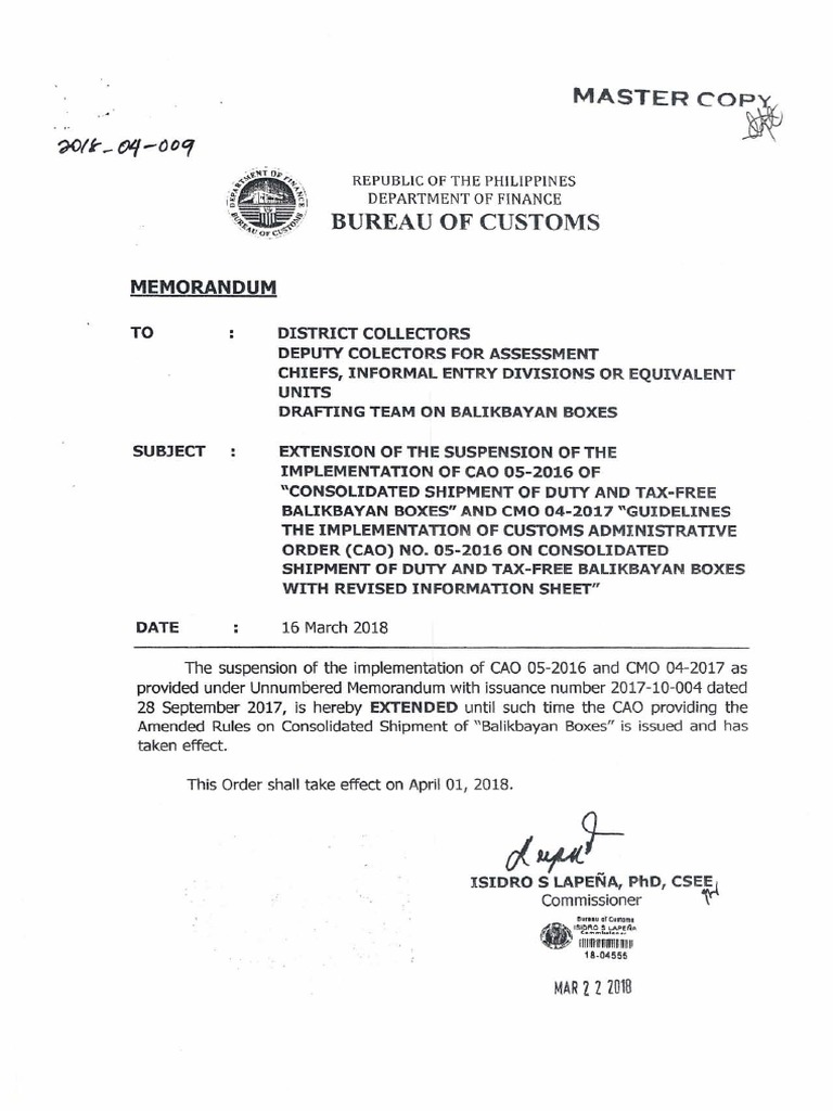 Bureau of Customs Memo 2018-04-009 Extension of the Suspension of the ...