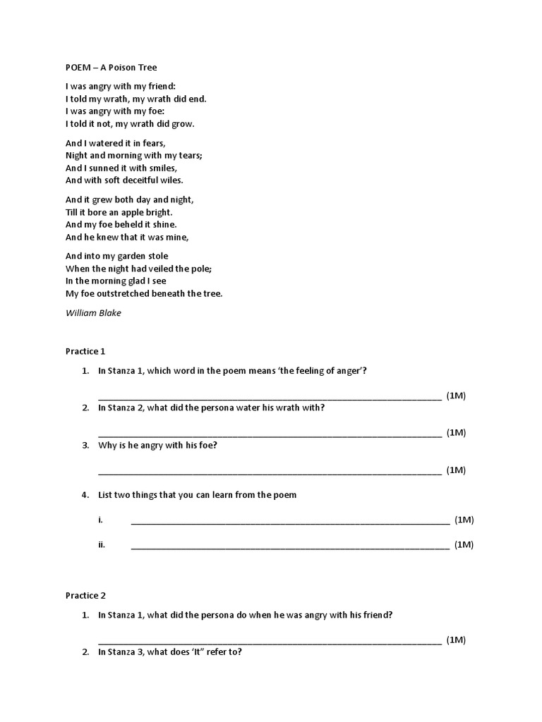 POEM Questions A Poison Tree SPM | PDF | Anger