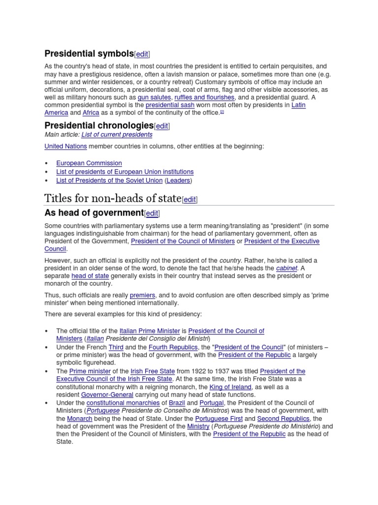 Titles For Non-Heads of State: Presidential Symbols | PDF | Government ...