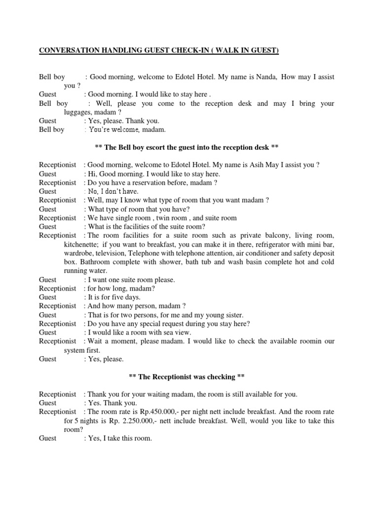 Conversation Handling Guest Check-In (Walk in Guest) | PDF | American ...