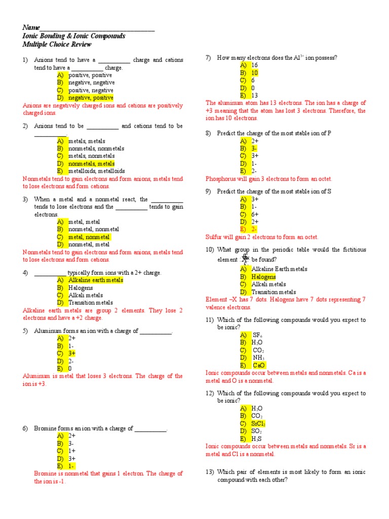 ANSWERS Ionic Bonding and Ionic Compounds Mutiple Choice 2 2012-07-05 ...
