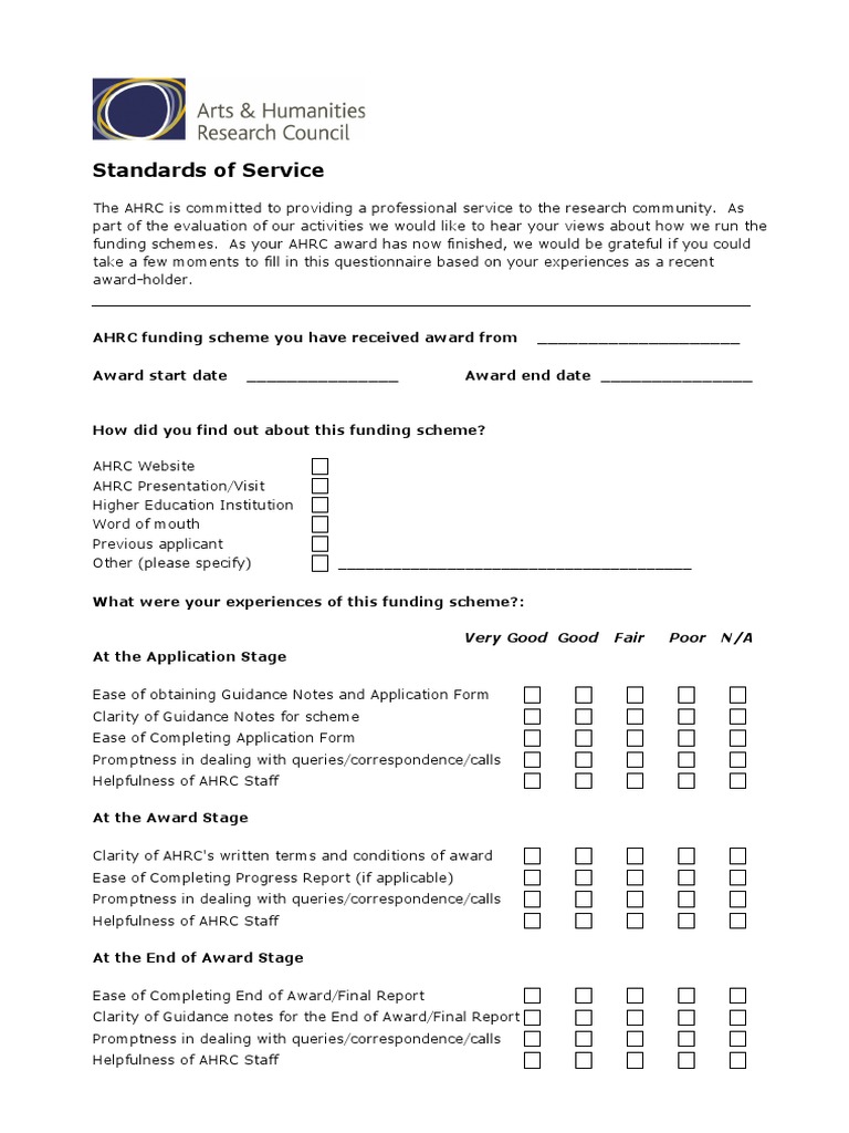 Standards of Service: Very Good Good Fair Poor N/A | PDF ...