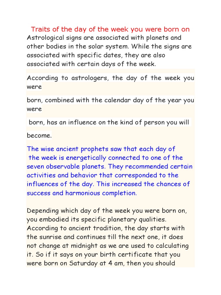 Traits of The Day of The Week You Were Born On | PDF | Astrological ...