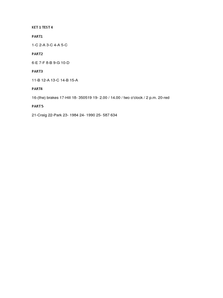 KET 1 Test 4 Answer Key | PDF | Technology & Engineering