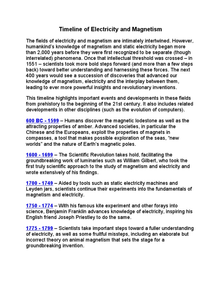 Timeline of Electricity and Magnetism | PDF | Electromagnetic Induction ...