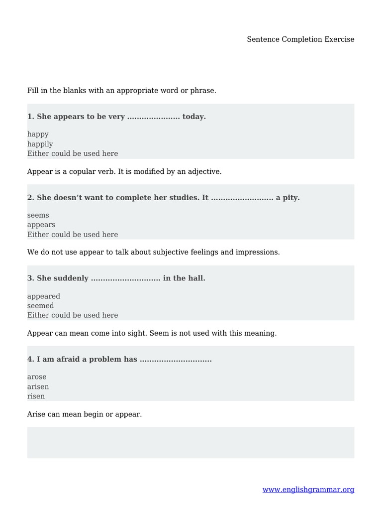Sentence Completion Exercise | PDF | Verb | Linguistic Morphology