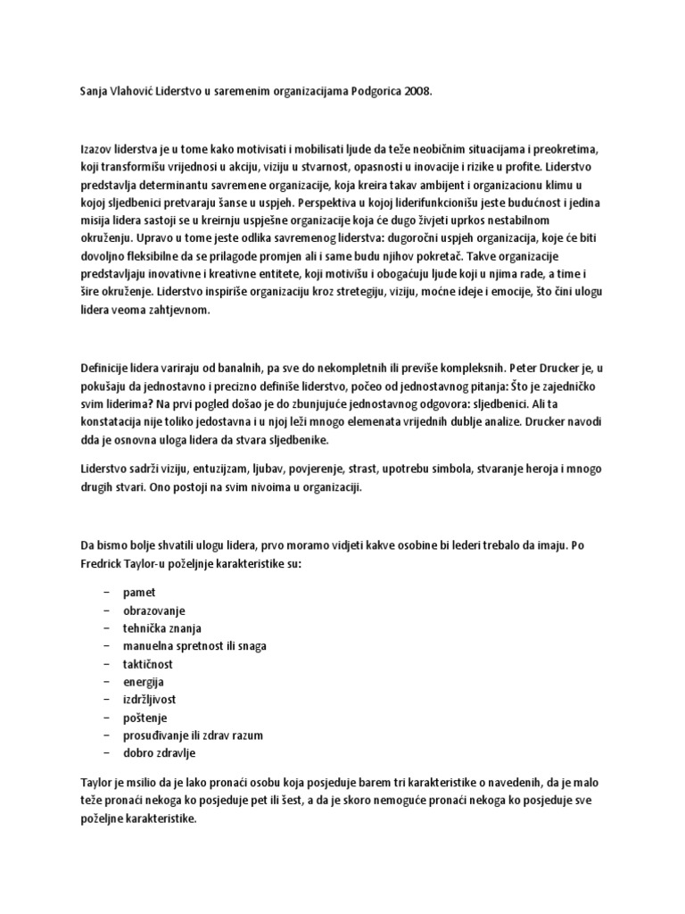 Sanja Vlahovic Liderstvo U Savremenim Organizacijama | PDF
