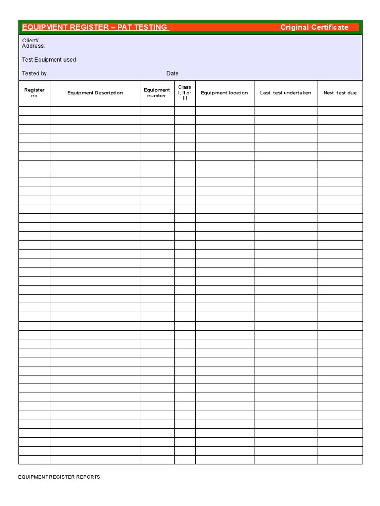 Equipment Register - Pat Testing Original Certificate | Download Free ...