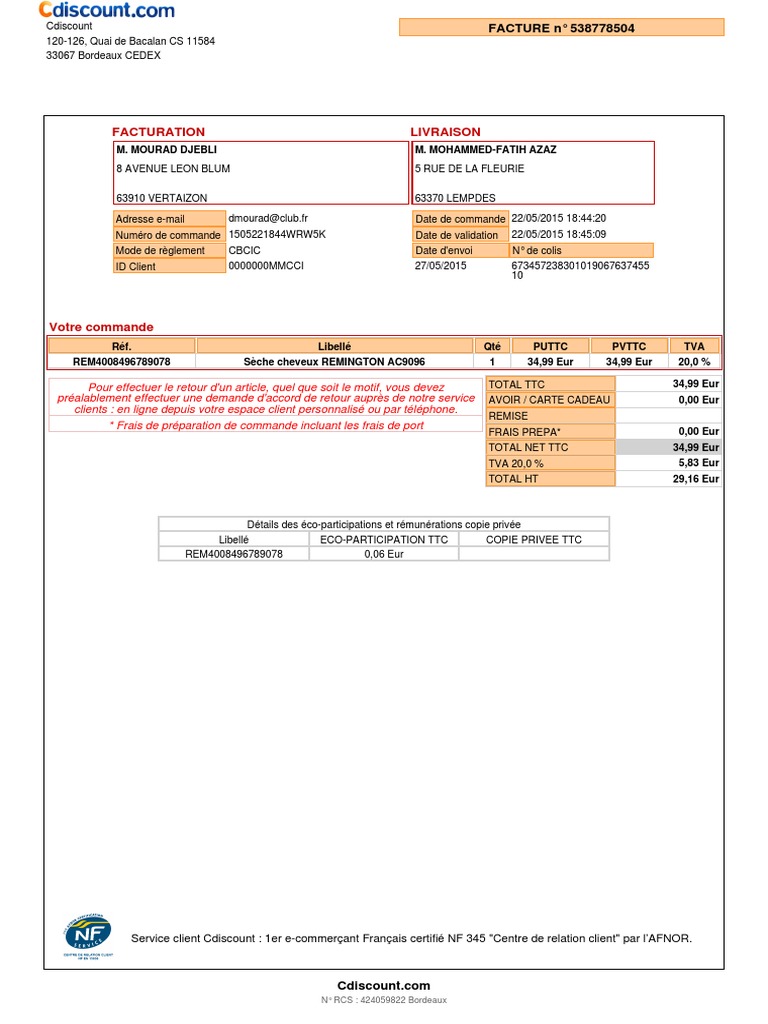 Facture Cdiscount - Commande 1505221844 | PDF | Paiements | Technologie ...