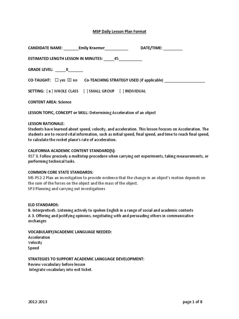 Speed and Velocity | PDF | Lesson Plan | Educational Assessment