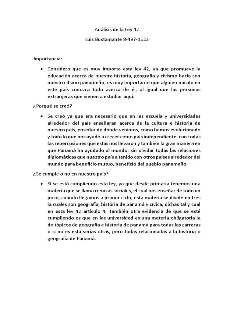 Analísis de La Ley 42 Luis Bustamante | PDF