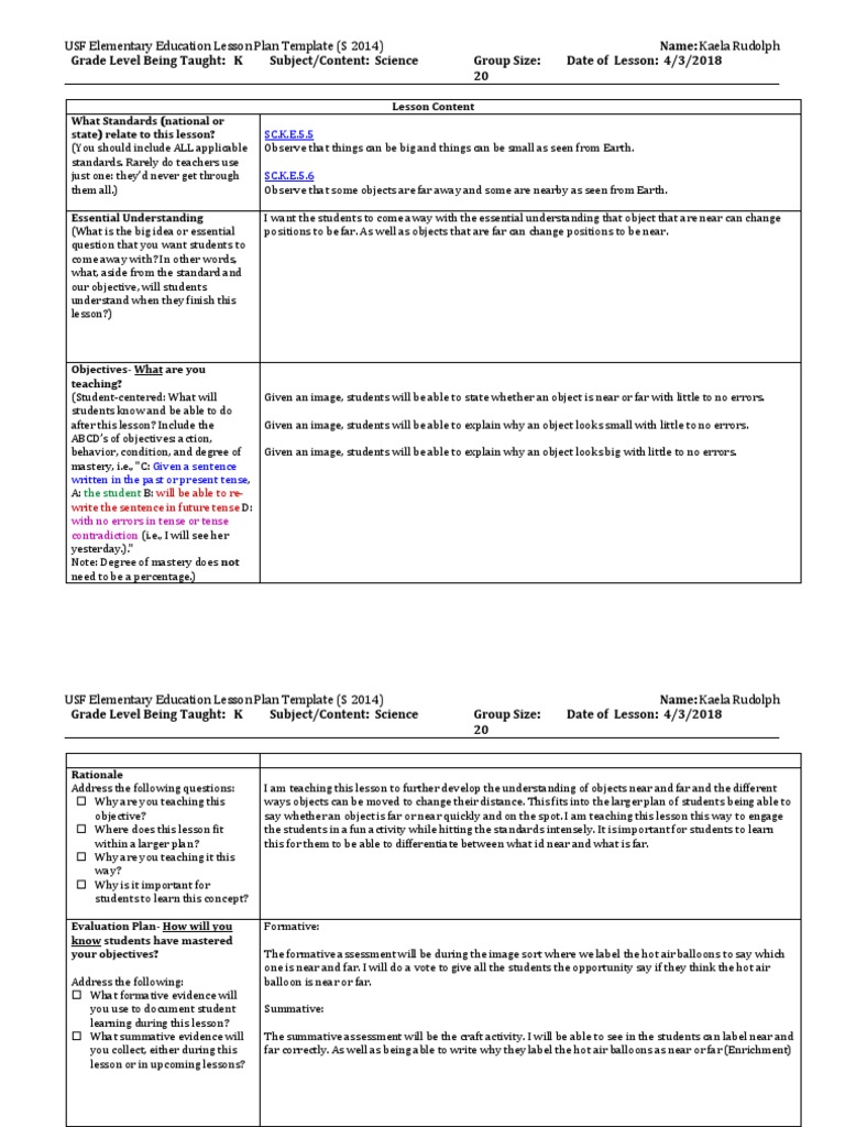 Kindergarten Science Lesson Plan: Near vs. Far | PDF | Lesson Plan ...