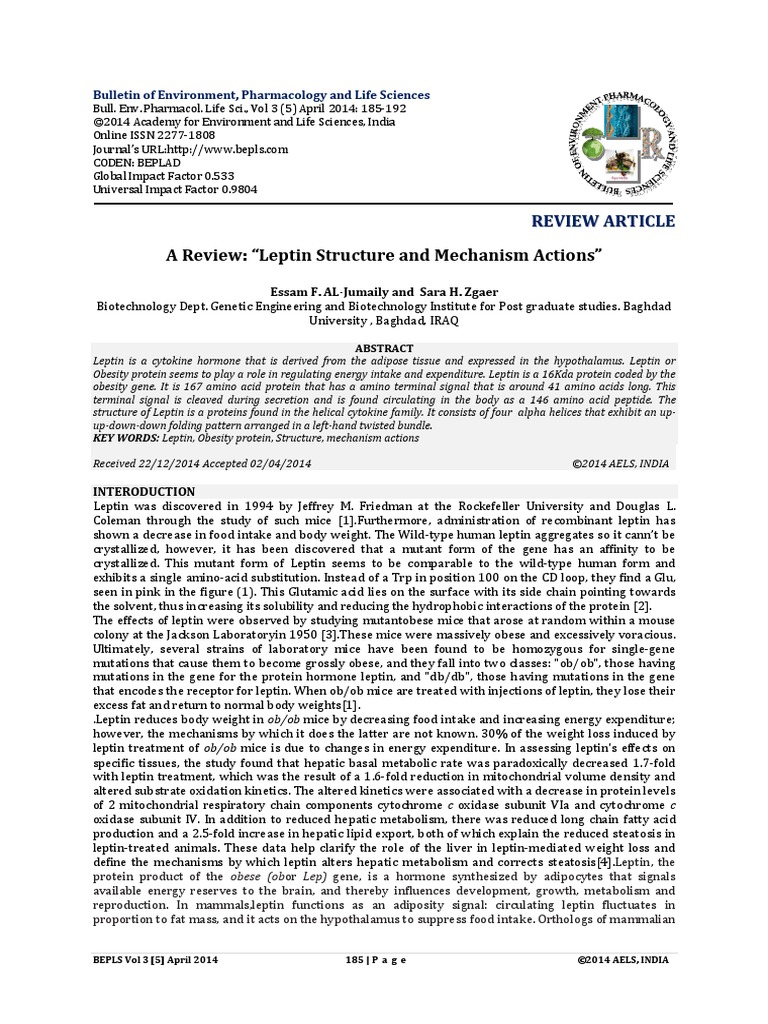 A Review Leptin Structure and Mechanism Actions" | PDF | Leptin | Alpha ...