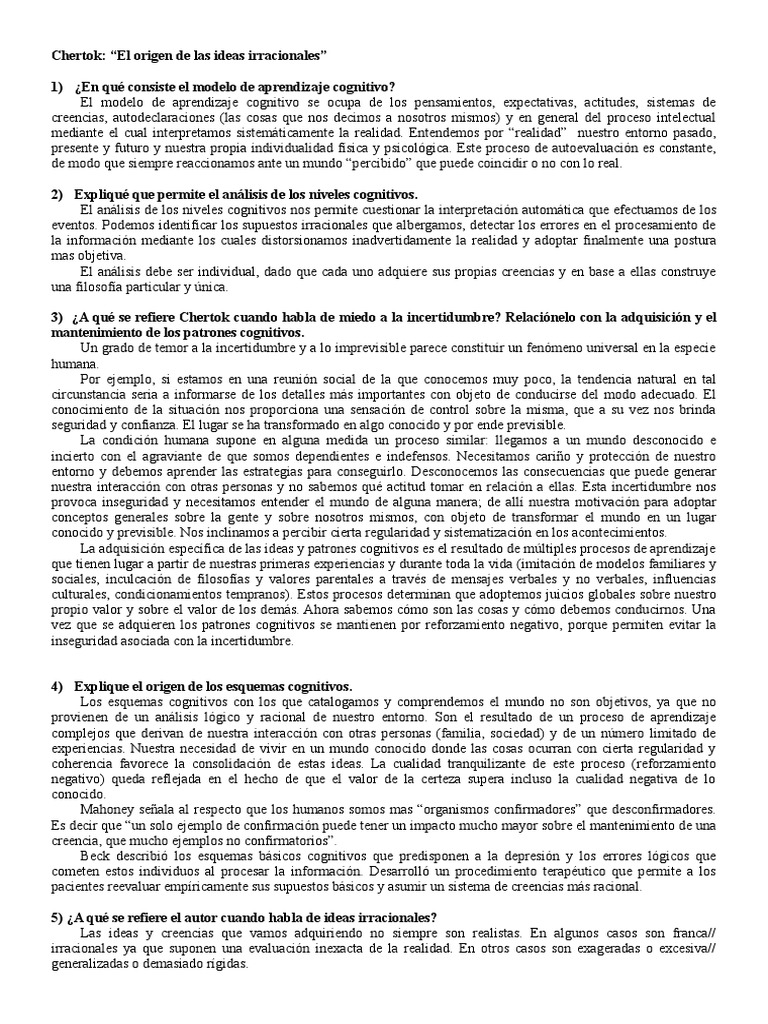 Chertok: "El Origen de Las Ideas Irracionales" y Beck: "Terapia ...