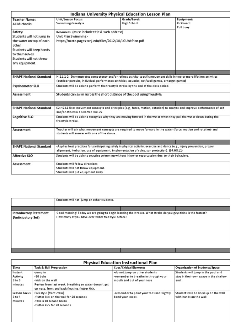 Indiana University Physical Education Lesson Plan: Teacher Name | PDF ...