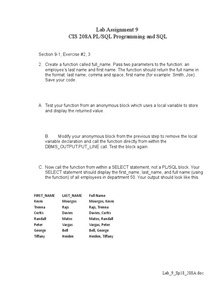 Lab 9 Sp18 208A | PDF | Subroutine | Oracle Database