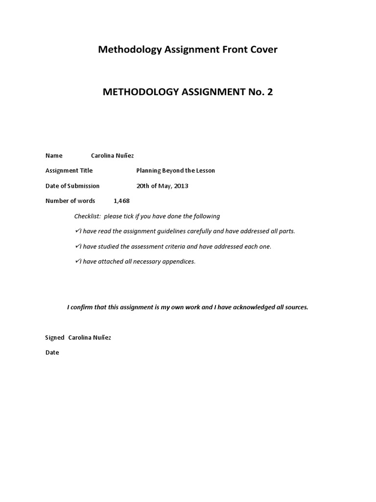 Methodology Assignment Front Cover | PDF | English As A Second Or ...