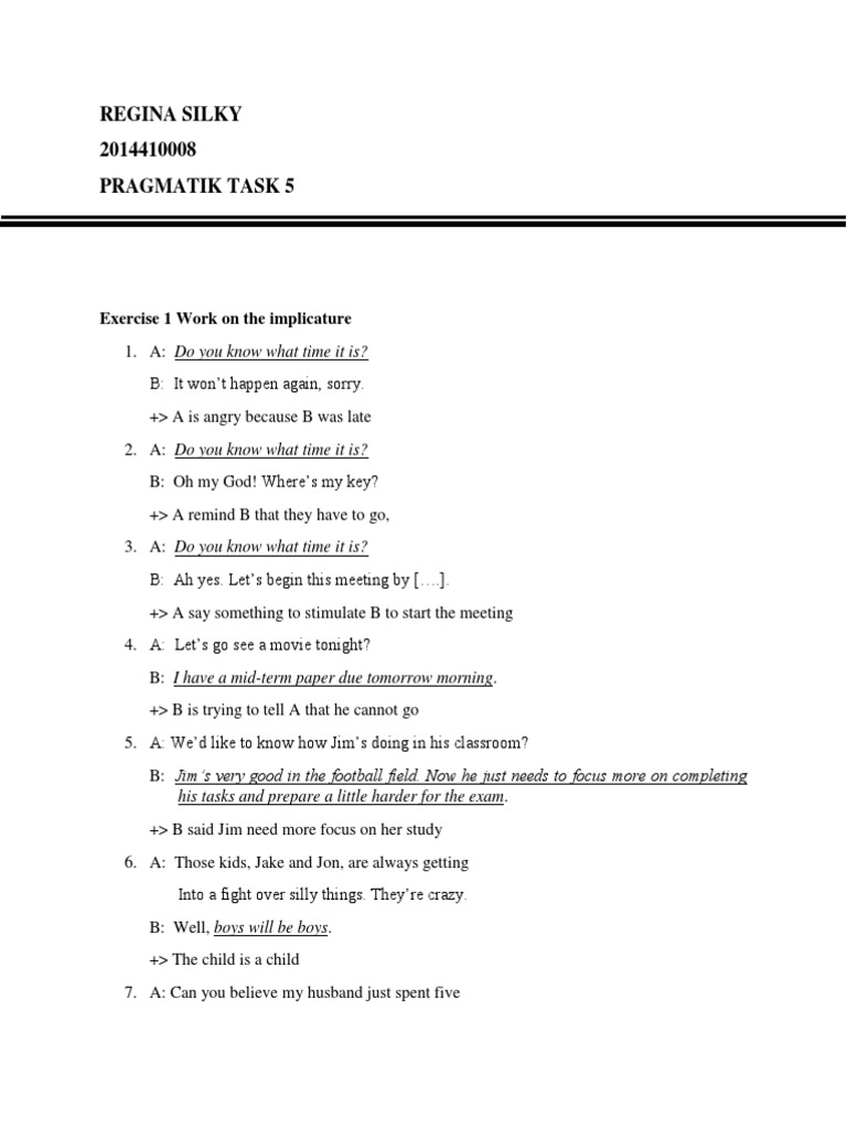 Regina Silky 2014410008 Pragmatik Task 5: Exercise 1 Work On The Implicature | PDF | Leisure