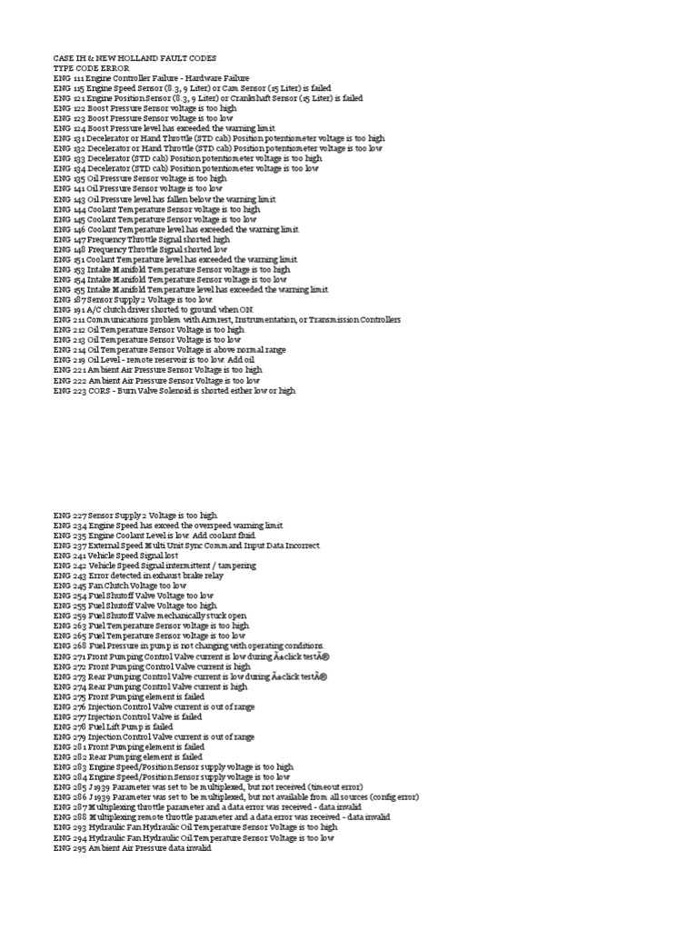 Case and New Holand Fault Codes | PDF | Throttle | Fuel Injection