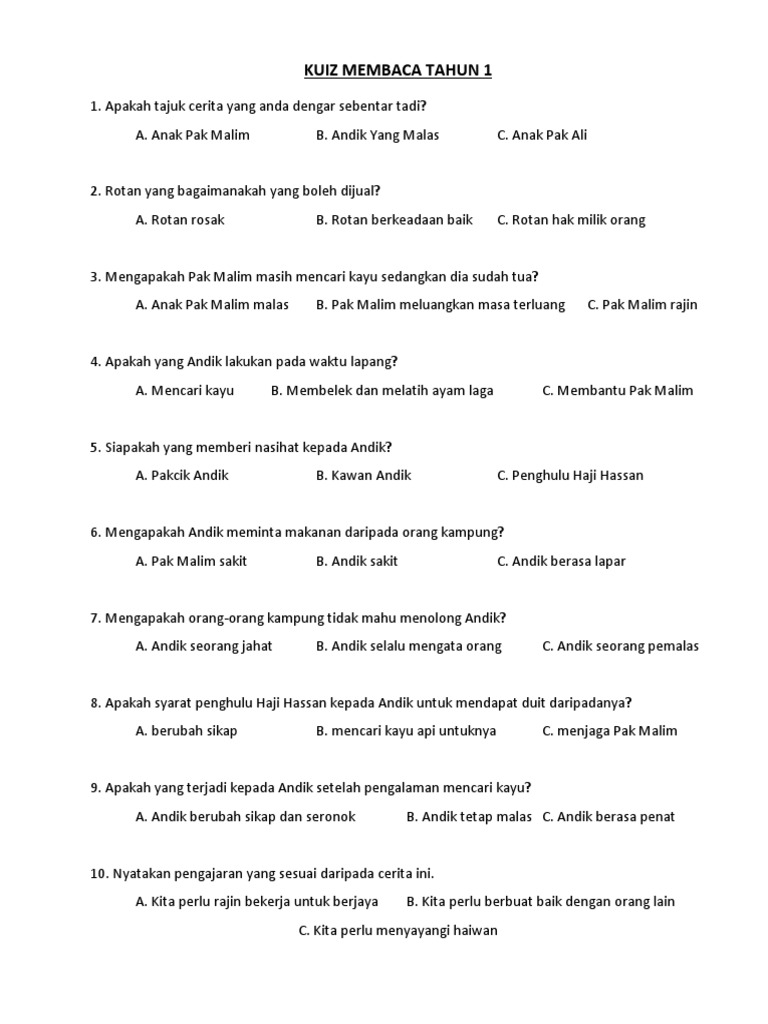 Kuiz Membaca Tahap 1 | PDF