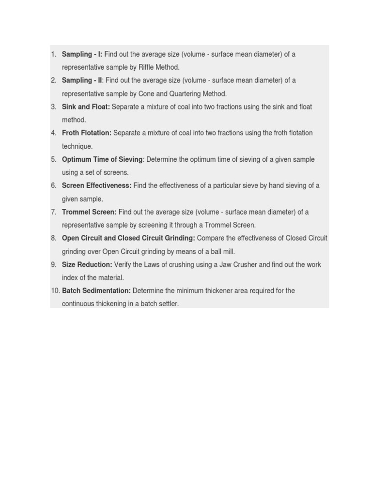 List of Experiments For Mechanical Operations Laboratory | PDF