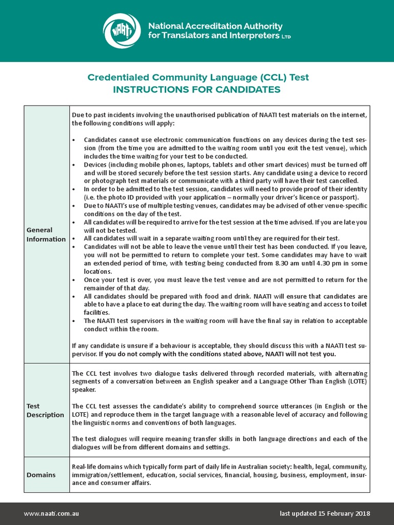 Credentialed Community Language (CCL) Test Instructions For Candidates ...