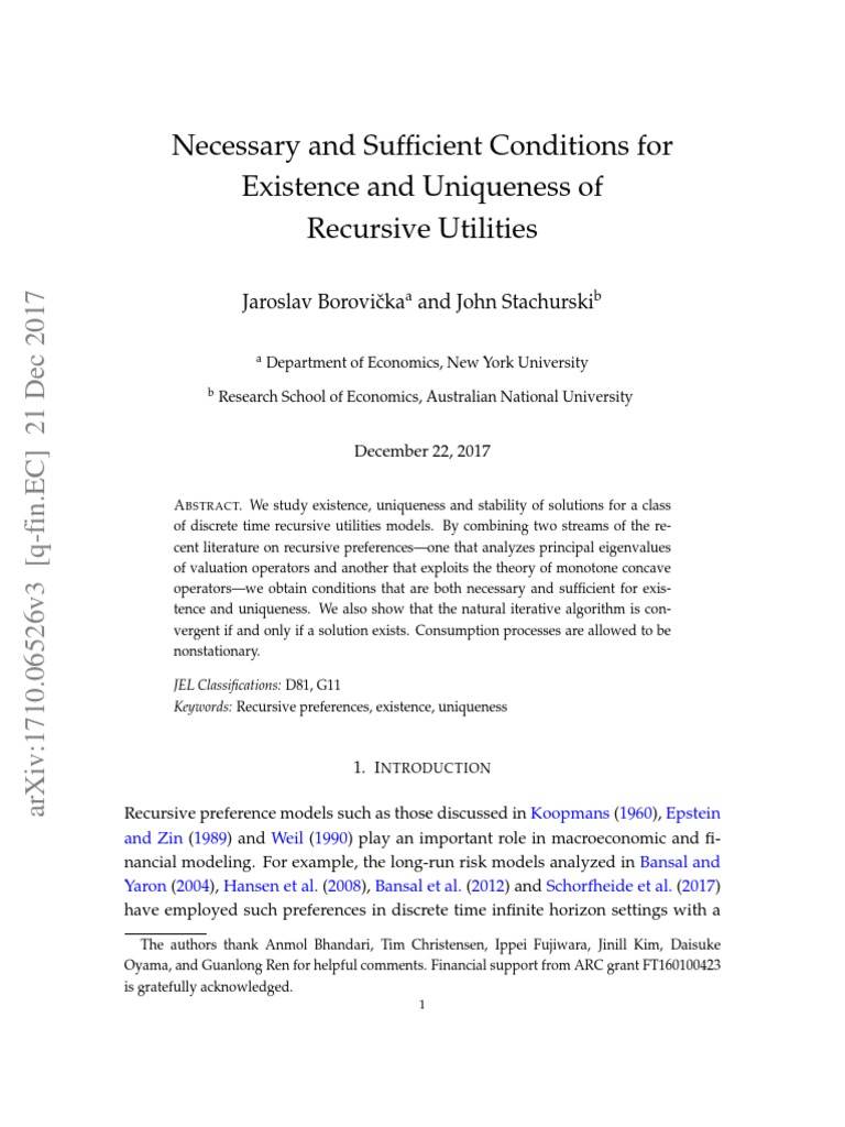 Necessary and Sufficient Conditions For Existence and Uniqueness of Recursive Utilities | PDF ...