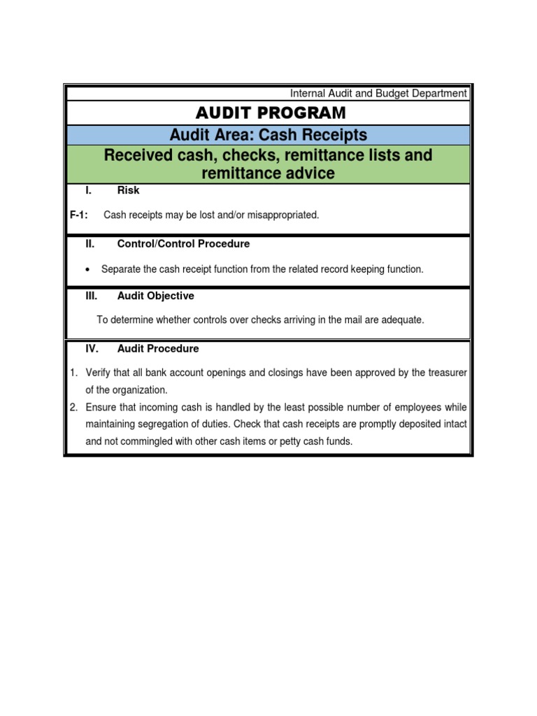 Internal Audit and Budget Department - Cash Receipts | PDF | Receipt | Cheque