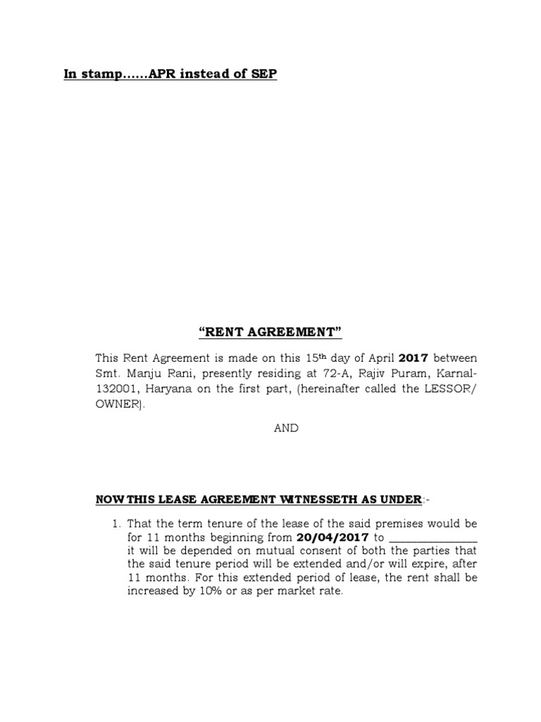 In Stamp APR Instead of SEP: Now This Lease Agreement Witnesseth As ...
