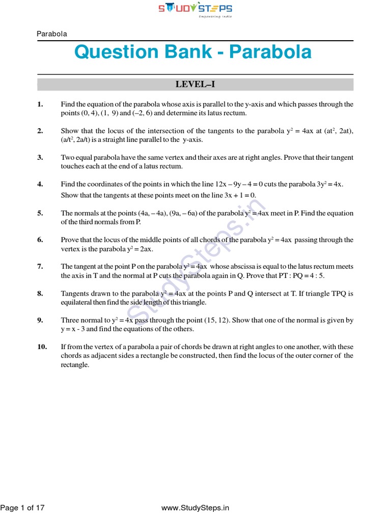 Question Bank Parabola Maths | PDF | Perpendicular | Geometric Objects