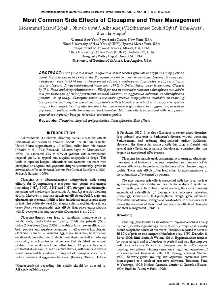 Most Common Side Effects of Clozapine and Their Management | PDF ...
