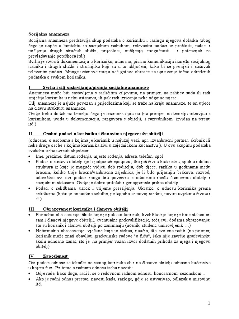 Predlozak Za Socijalnu Anamnezu | PDF