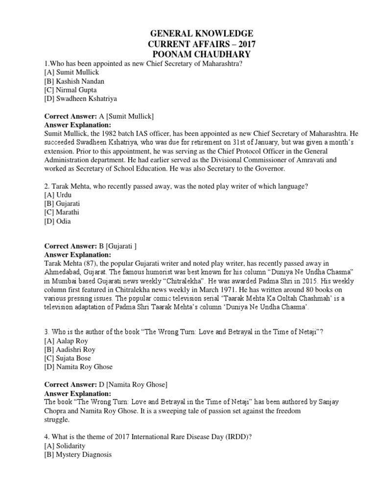 General Knowledge Current Affairs - 2017 Poonam Chaudhary: Correct ...
